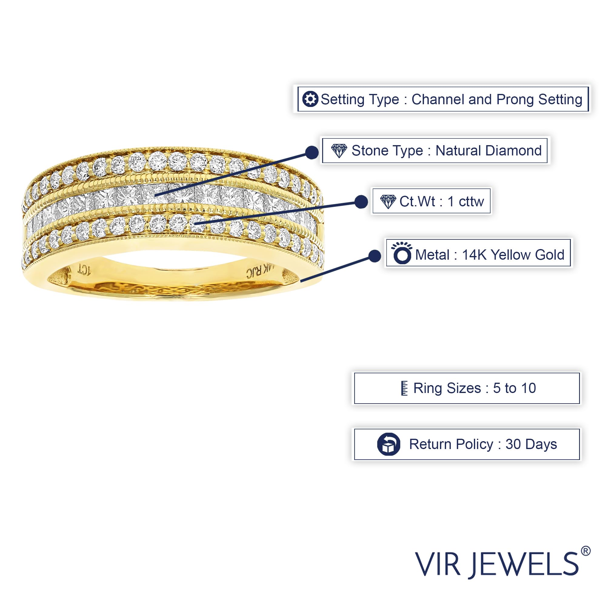 Vir Jewels 1 cttw Princess and Round Diamond Wedding Band with Milgrain 14K Yellow Gold Size 9
