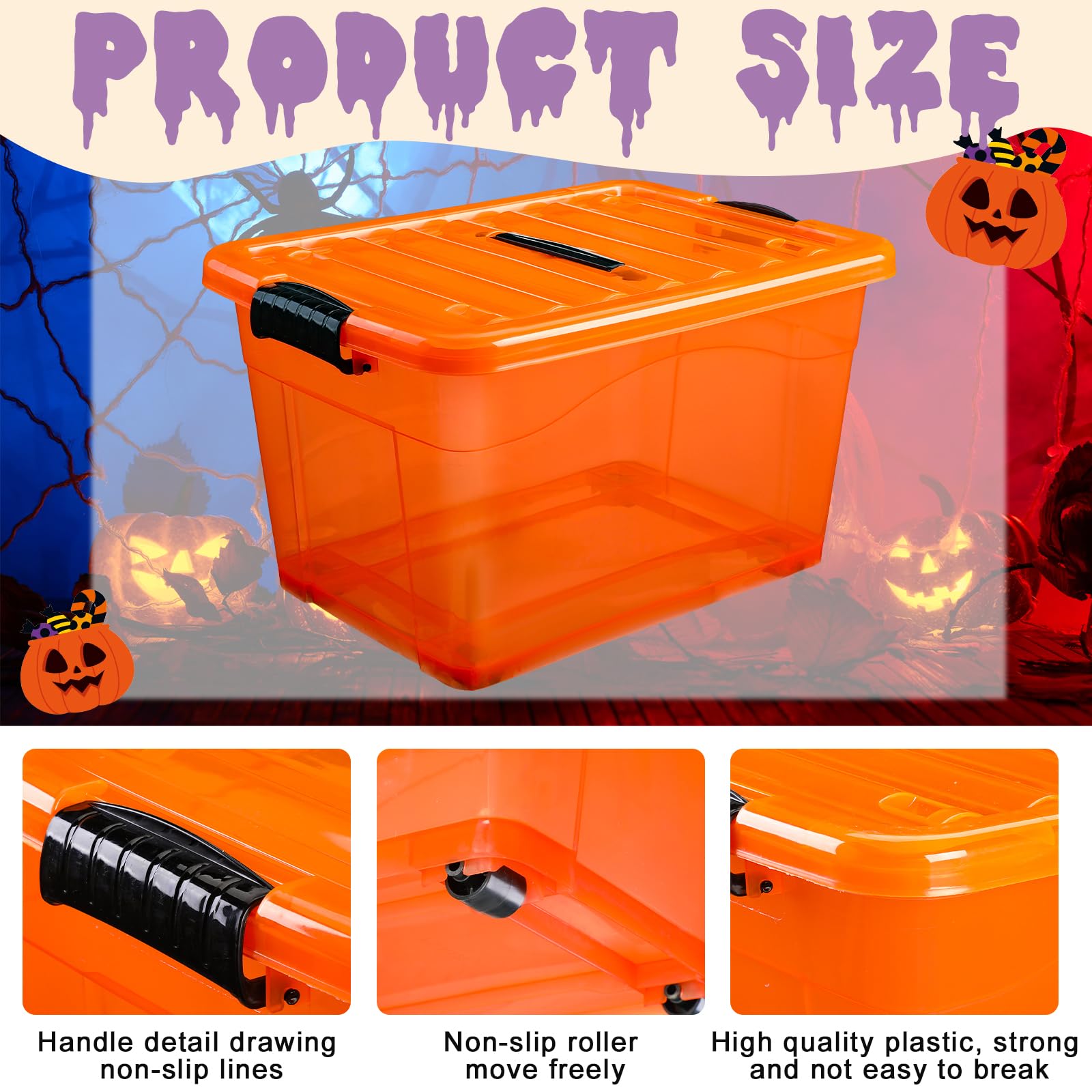 Sweetude 8 Pcs Halloween Plastic Storage Bin with Lids Purple Orange Clear Plastic Storage Totes Container 53 Qt Stackable Nestable Holiday Storage Box with Wheels and Latching Handles
