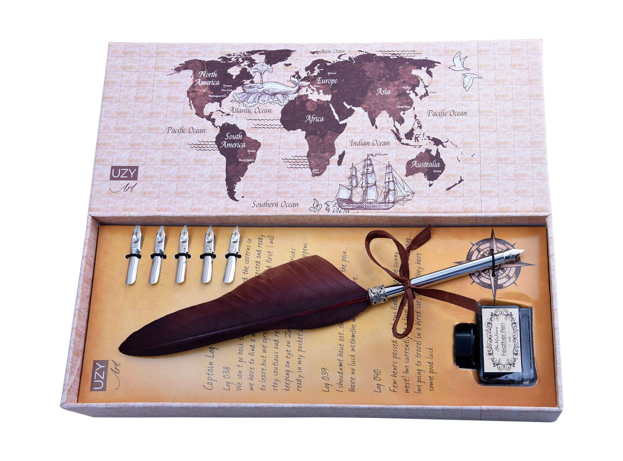 Quill Pen and Ink Set Turkey Feather Pen with 5 Steel Replacement Nibs and Dip Ink Bottle in Vintage Gift Box for Antique Calligraphy - Brown