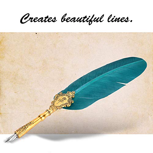 Quill Pen Feather Pen, Handmade Antique Calligraphy Pen Set, Writing Quill Pen with 5 Replacement Nibs & Empty Ink Bottle, Stationery Gift Come with Gift Box