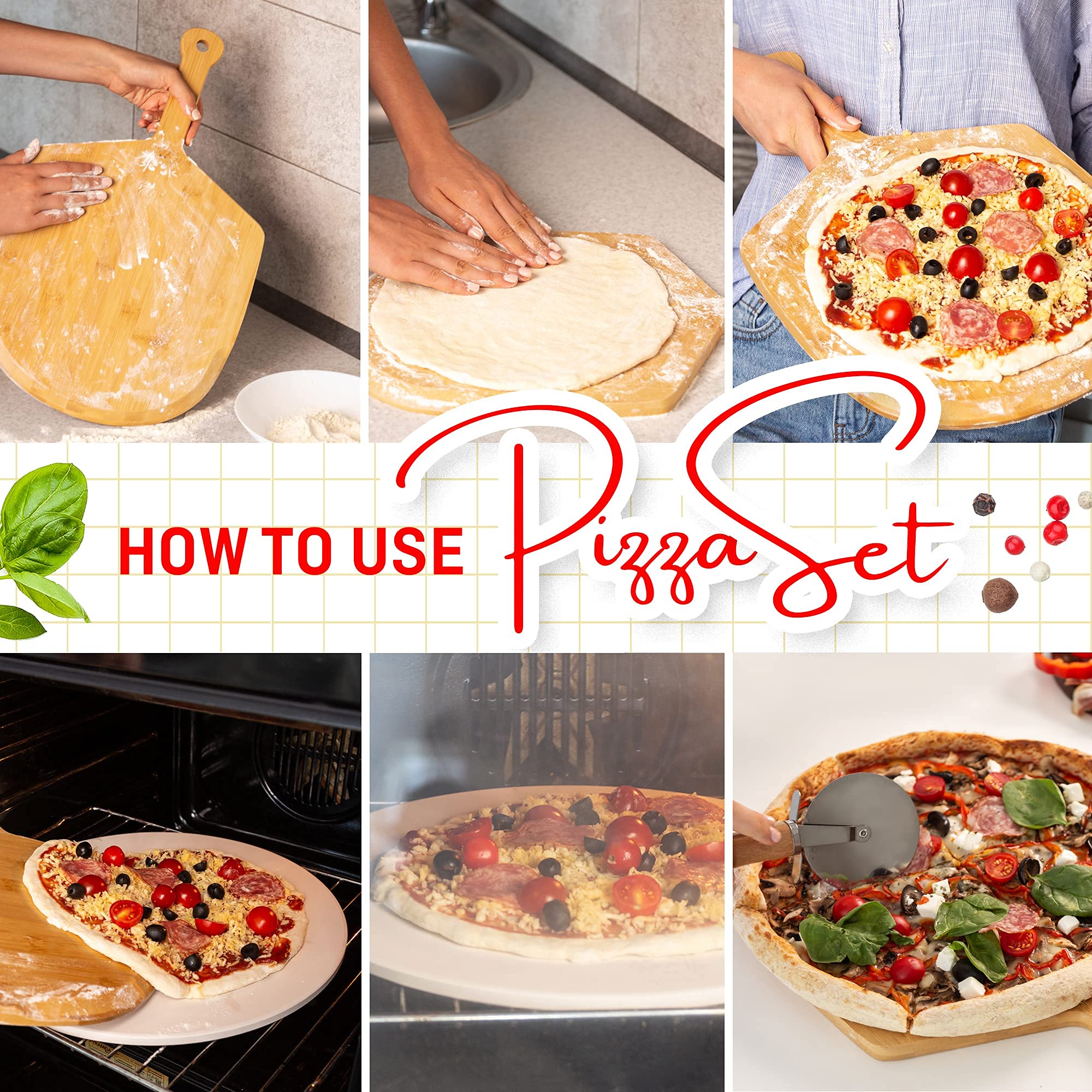PANDA LAND Large 14" Round Pizza Stone 5-Piece set with Extra-Large Bamboo Pizza Peel Cutter Slice Server Wire Rack | Perfect Pizza Set with all Grilling Accessories| Pizza Stone for Oven and Bbq
