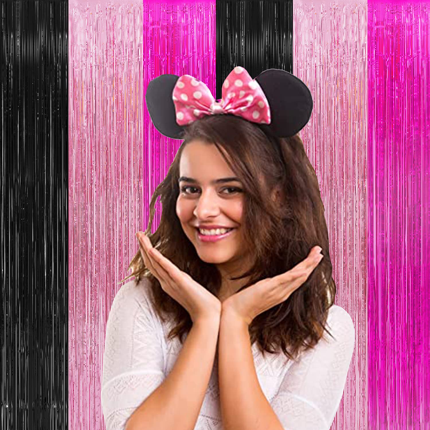 WIQEDOHA 3 Pack Foil Curtains-8x9.84 Ft Rose Red Pink and Black Fringe Metallic Backdrop Curtain for Minie Mouse Themed Baby Shower Birthday Nursery Party Decorations