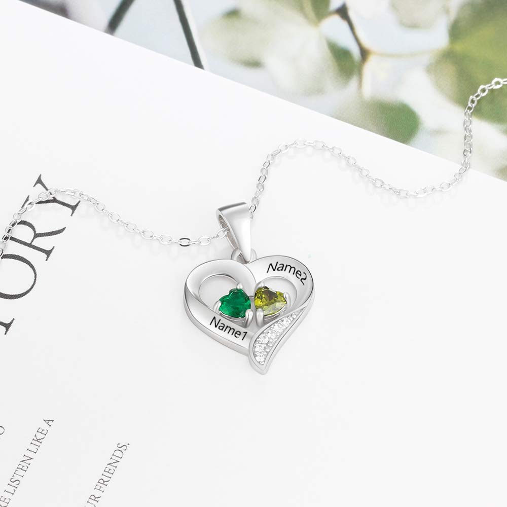 Sterling Silver Personalized 2 Names Necklace with 2 Heart Simulated Birthstone Couple Pendant Necklace for Women (Silver)