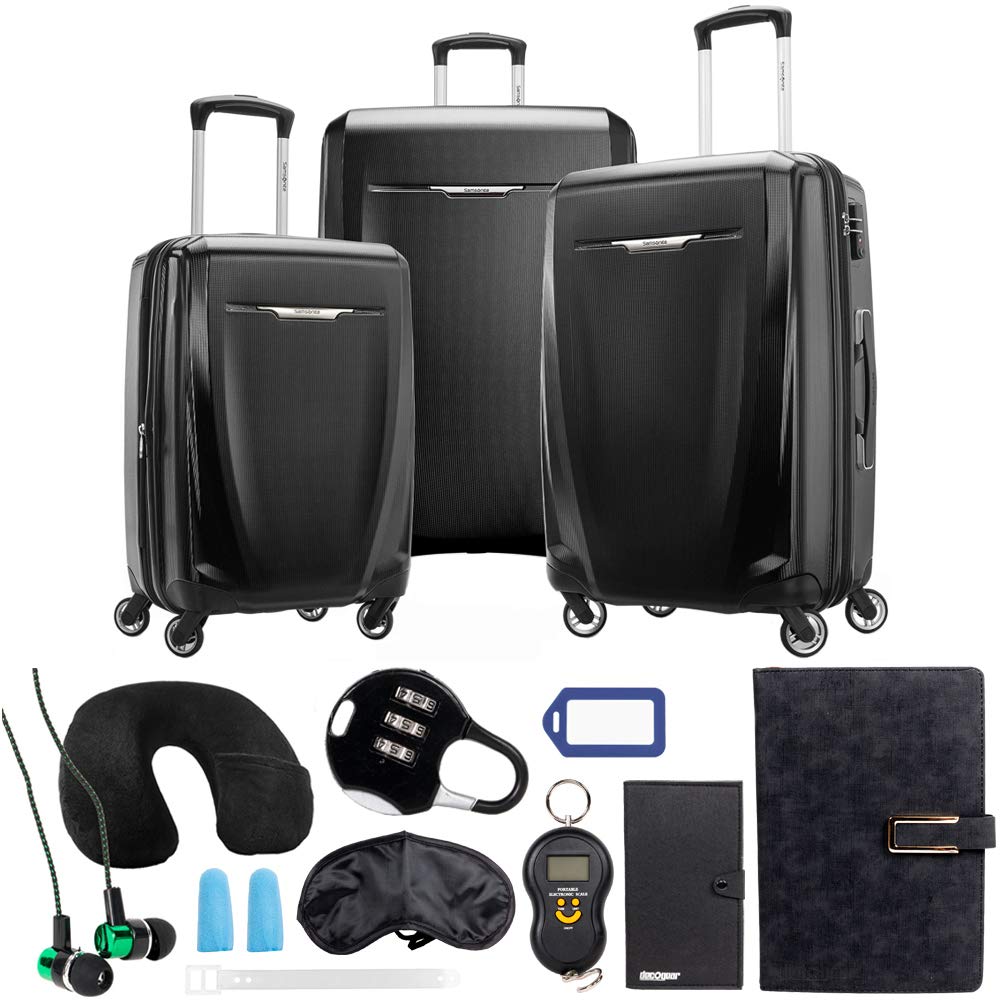 Samsonite Winfield 3 DLX 3 Piece Set (Spinner 20/25/28), Black 120751-1041 with Deco Gear 10 Piece Luggage Accessory Ultimate Travel Bundle