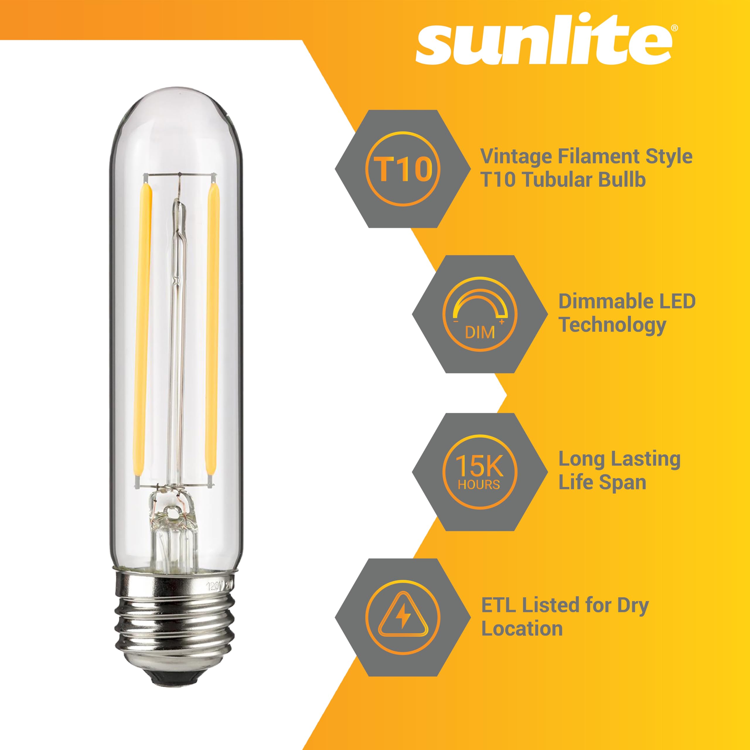 Sunlite LED Filament T10 Tubular Light Bulb, 2 Watts (25W Equivalent), 160 Lumens, E26 Base, Dimmable, 126mm, 2700K Soft White, 1 Pack