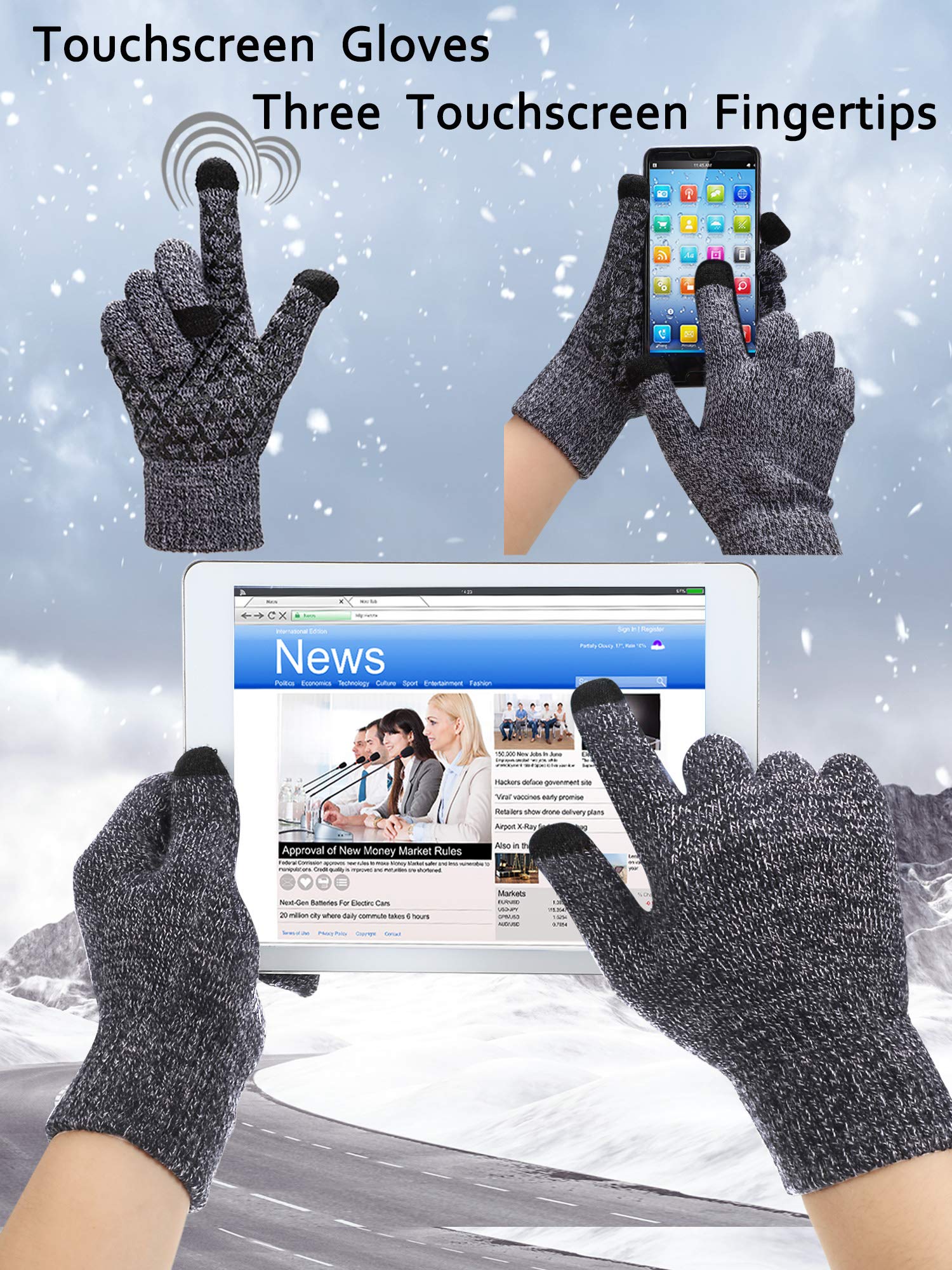 SATINIOR 4 Pairs Winter Knit Touchscreen Gloves Warm Texting Gloves Elastic Anti-slip Gloves for Adults (Black, Black Red, Black White, Navy, M)