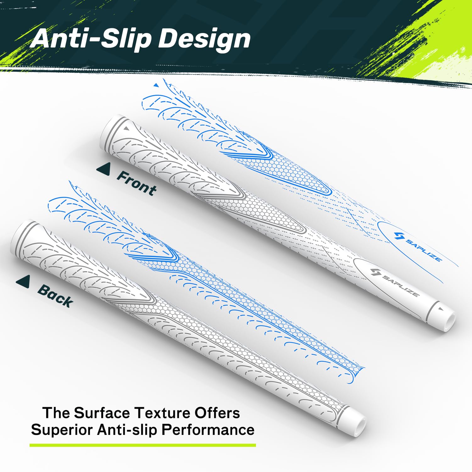 SAPLIZE Classic Rubber Golf Grips 13 Pack, High Feedback, Non-Slip, 13 Grips with 15 Tapes, Midsize, Blue, CC01 Series