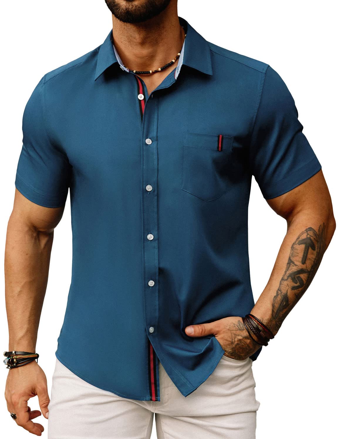 PJ PAUL JONES Men's Business Dress Shirts Short Sleeve Muscle Fit Casual Activewear Button-Down Dress Shirts Dark Blue S