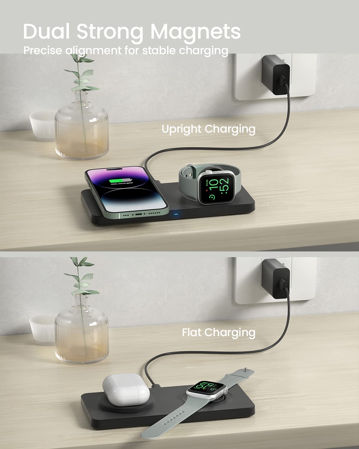 Wireless Charging Pad for Apple Device, GEEKERA Magnetic 2 in 1 Dual Wireless MagSafe Charger for iPhone 15/14/13/12 Pro Max/Pro/Mini, Apple Watch Ultra/8/7/6/SE/5/4/3, AirPods 3/Pro 2