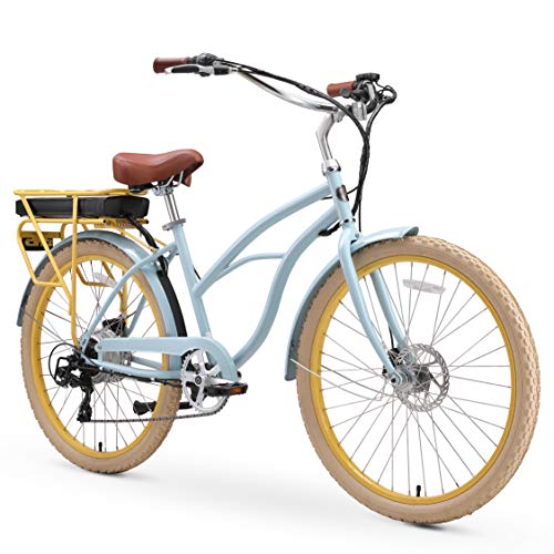 sixthreezero Around the Block Women's Electric Bike, 7 Speed Beach Cruiser eBike Bicycle with Rear Rack, 500 Watt Motor, 26 Inch Wheels, Sky Marigold