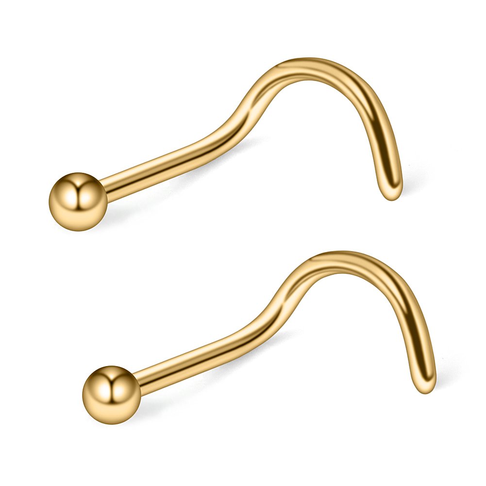 Ruifan 20G(0.8MM) 316L Surgical Steel Curved Nose Stud Ring Twister Screws with 2MM Ball Piercing Jewelry 2PCS - Gold