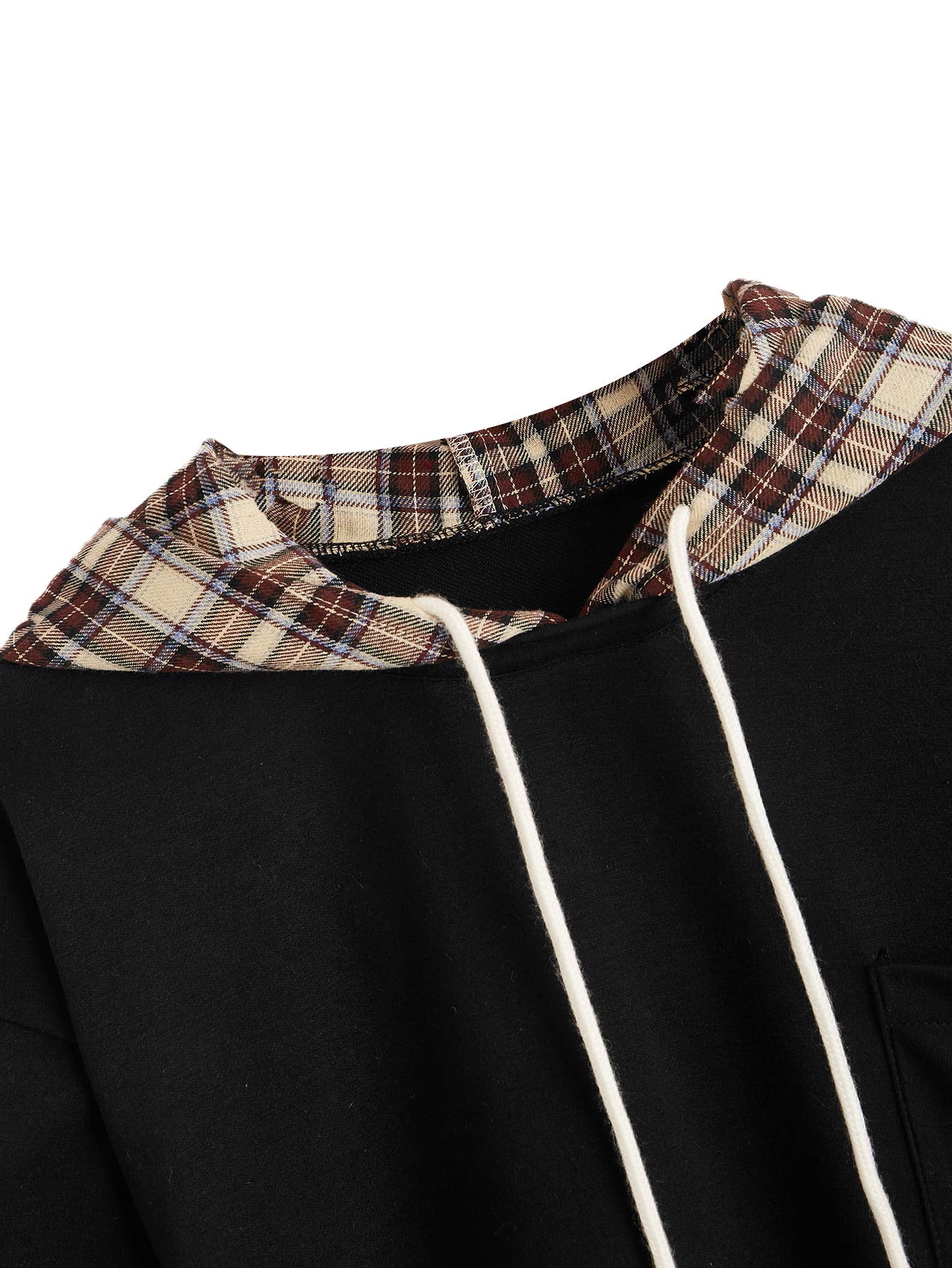 SweatyRocks Women's Casual Plaid Long Sleeve Hooded Sweatshirt Drop Shoulder Drawstring Hoodie with Pocket Stripe Black Medium