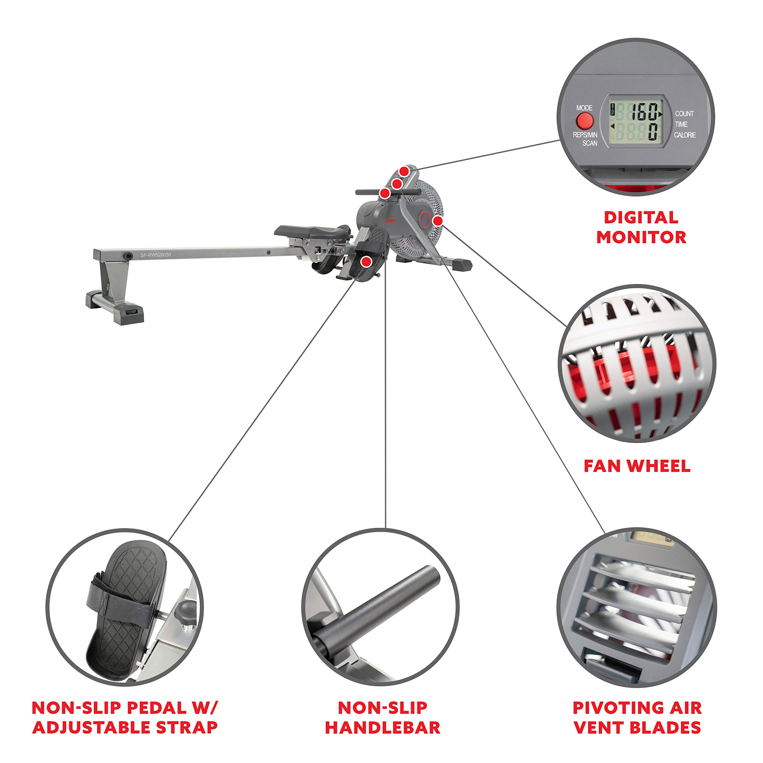 Sunny Health & Fitness Air Fan Rowing Machine Ergometer - SF-RW520050