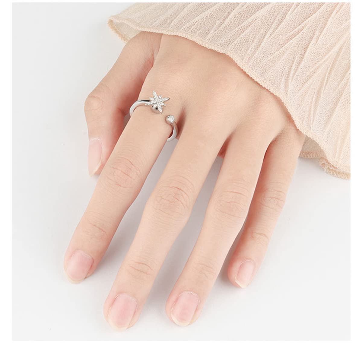 Vito Sterling Silver Fidget Anxiety Ring for Women Girls, Adjustable Open Spinner Ring, Rotatable North Star Stress Relief Band Ring, Stacking Ring Jewelry Gift for Mother Sister