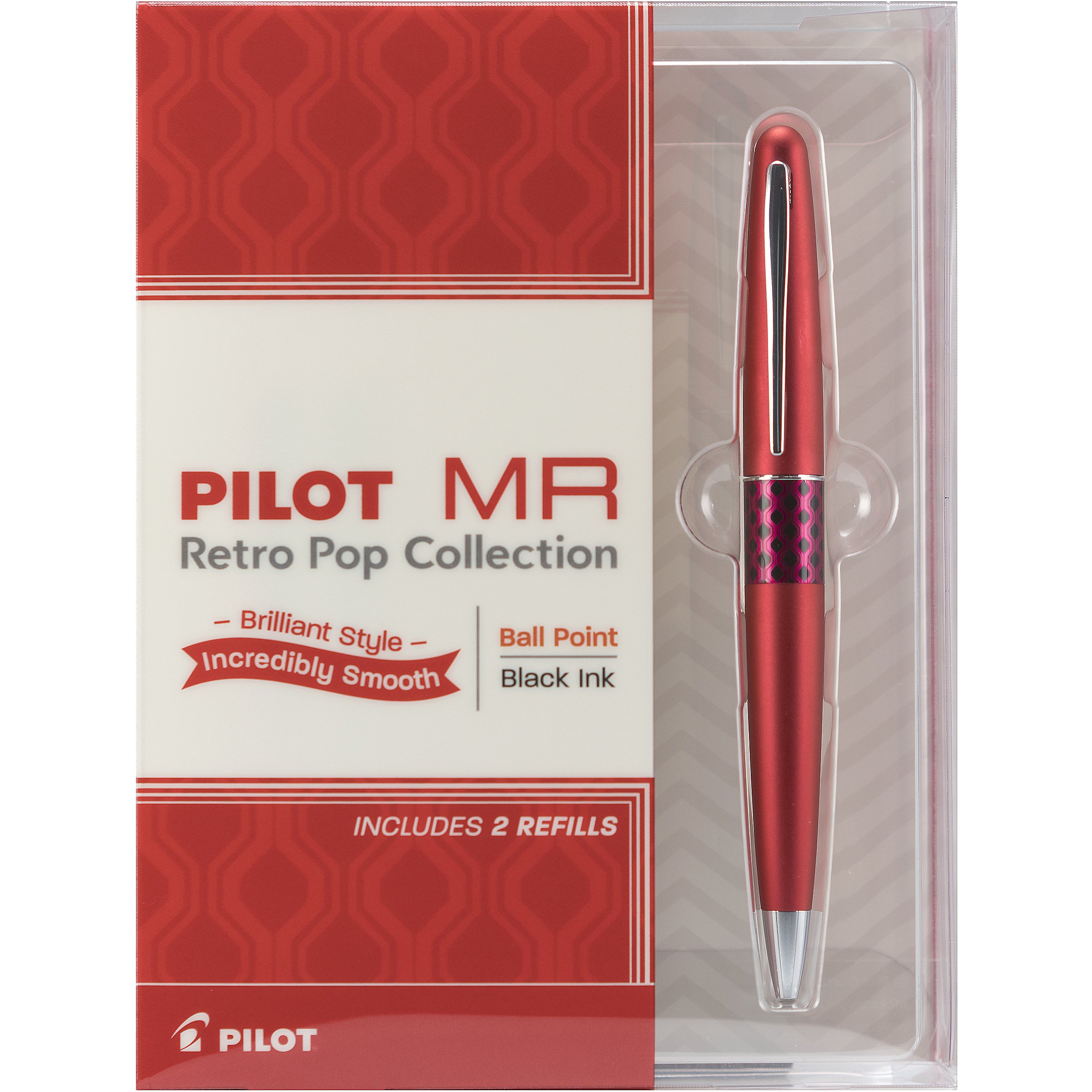 PILOT MR Retro Pop Collection Ballpoint Pen Gift Box with 2 Refills, Crimson Barrel with Wave Accent, Medium Point Stainless Steel Nib, Refillable Black Ink (91495)
