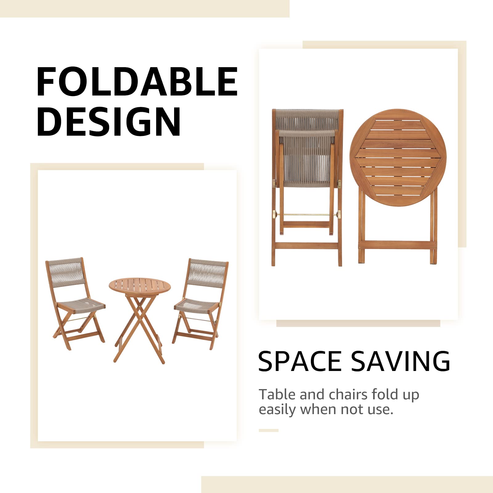 OC Orange-Casual 3 Piece Acacia Patio Bistro Set, Outdoor Compact Wood Table and Chairs Set of 2 for Apartment Balcony Front Porch Deck Yard, Beige