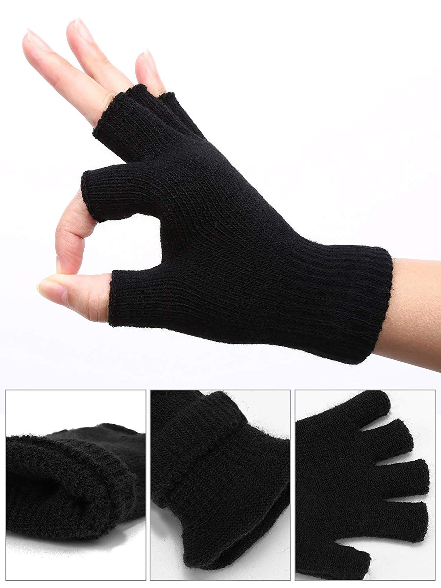SATINIOR 4 Pairs Winter Half Finger Gloves Knitted Fingerless Mittens Warm Stretchy Gloves for Men and Women (Black)