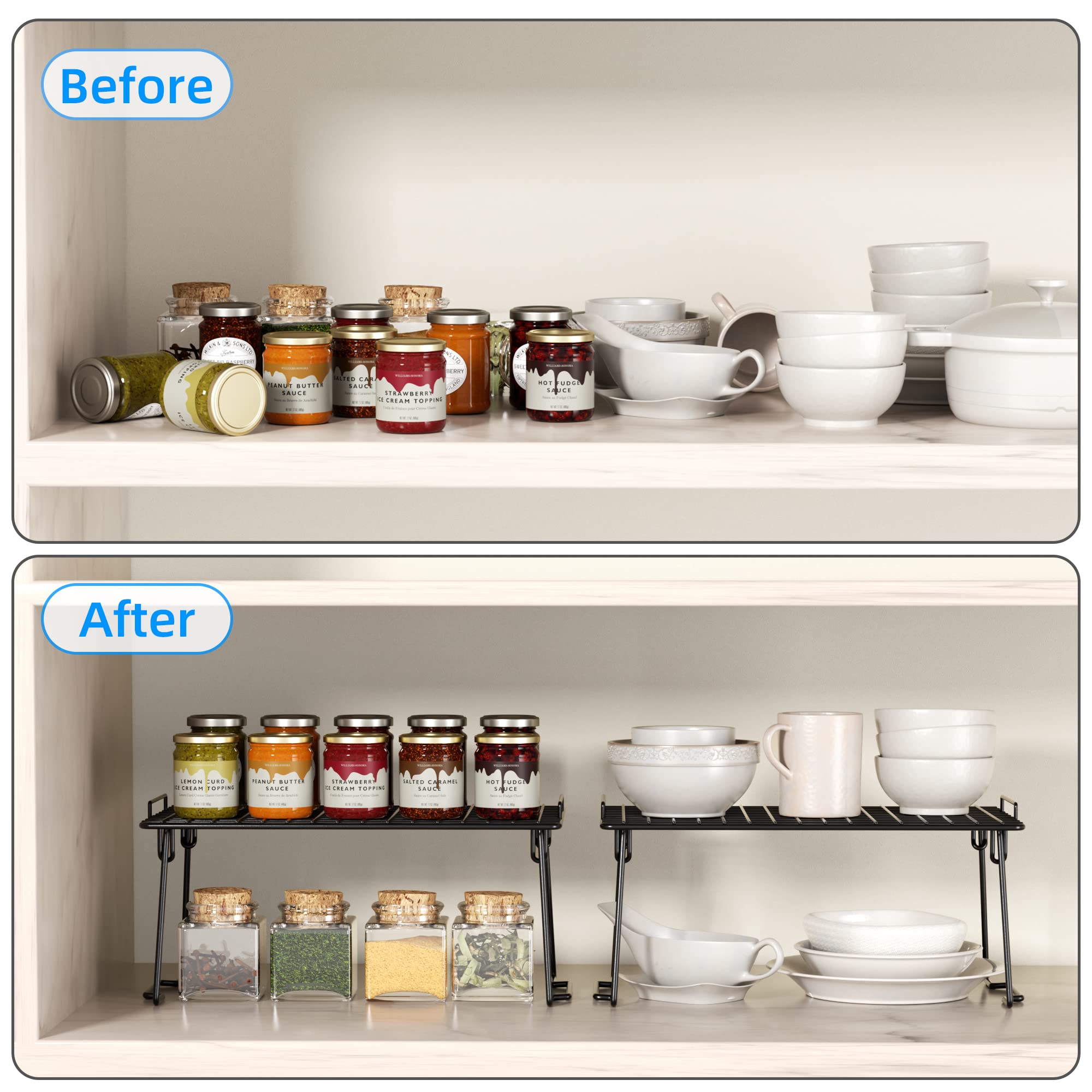 Set of 2 Stackable Kitchen Cabinet Shelves Organizer,Expandable shelf racks for kitchen cabinets,Foldable Spice Rack pantry organizer cabinet wire shelf organizer,Cupboard Organiser stacking shelving