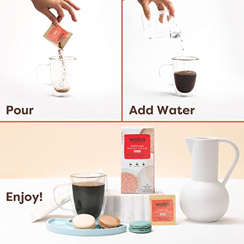 Waka Quality Instant Coffee β Decaffeinated Medium Roast β Arabica Beans & Freeze Dried β 8 Packets for Hot or Iced Premium Instant Coffee