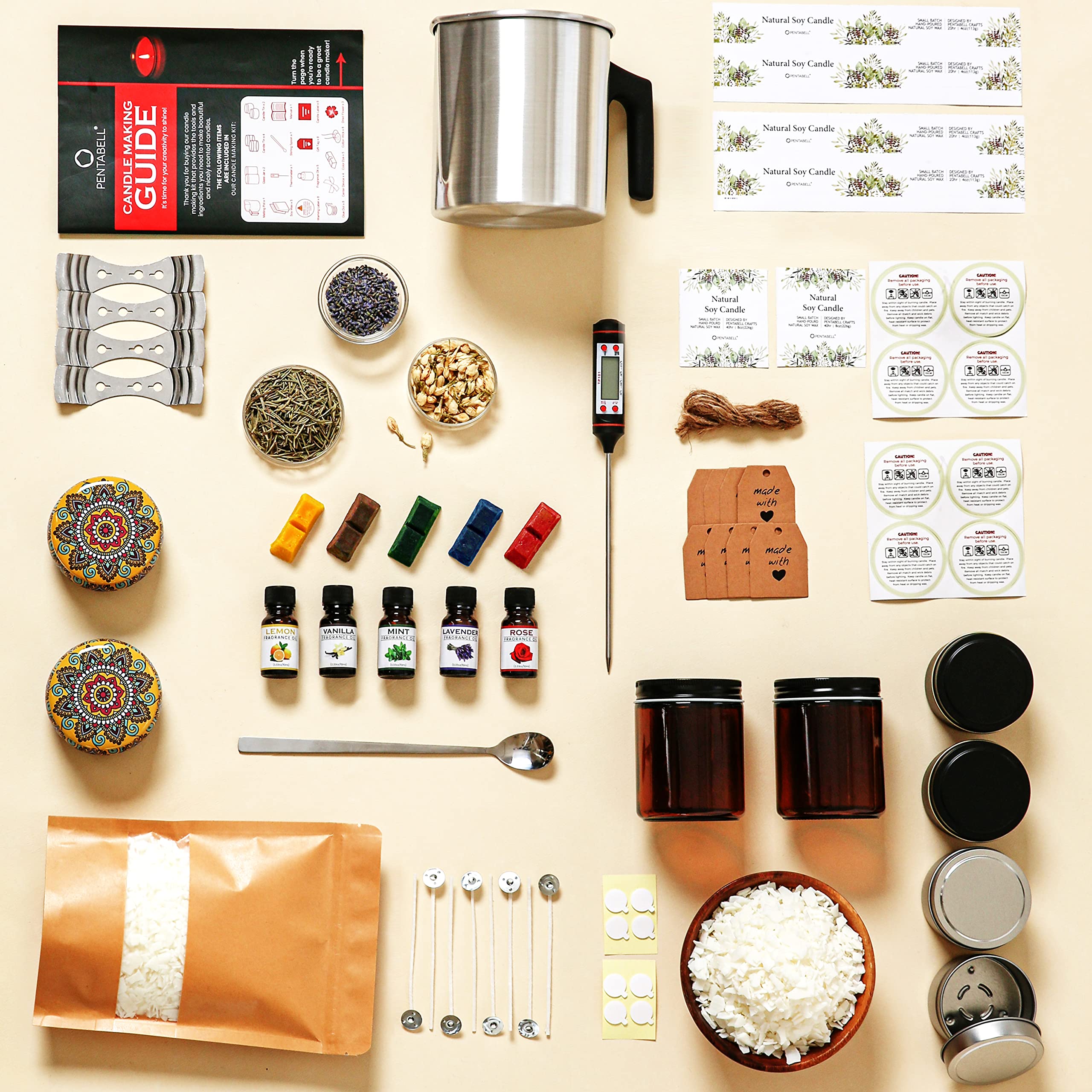 PentaBell Premium Soy Candle Making with DIY Starter Set - Natural Candles, All-Inclusive Kit, Various Scents & Designs, Suitable for All Ages, and Comprehensive Components