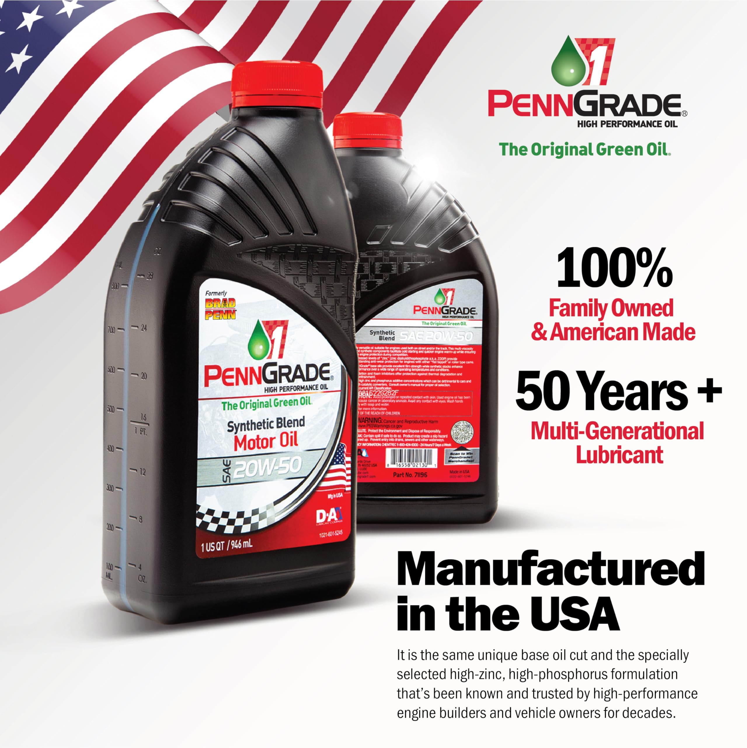 PENN GRADE 1, 71196, Synthetic Blend High Performance Oil SAE 20W-50, 1 Quart