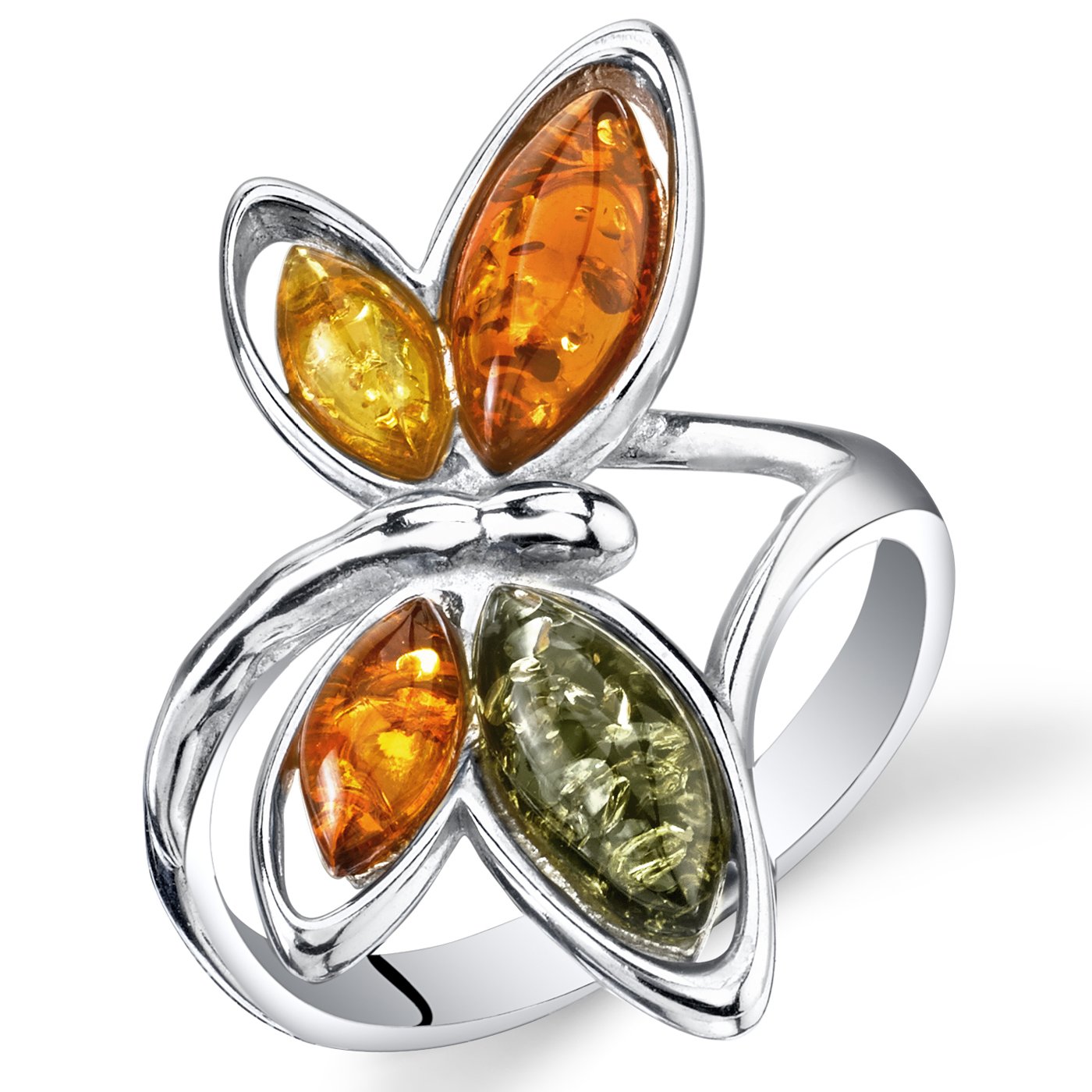 PEORA Genuine Baltic Amber Dragonfly Ring for Women 925 Sterling Silver, Rich Cognac, Olive Green, Honey Yellow Colors Size 6