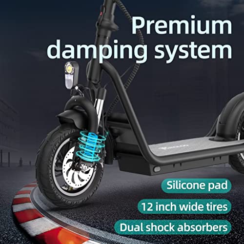 TOMOLOO Electric Scooter Adults, 12-inch Off Road Shock-Absorbing Solid Tire, UL Certified Electric Scooters Up to 18 MPH and 49.7 Miles Portable Folding Commuting All Terrain Scooters
