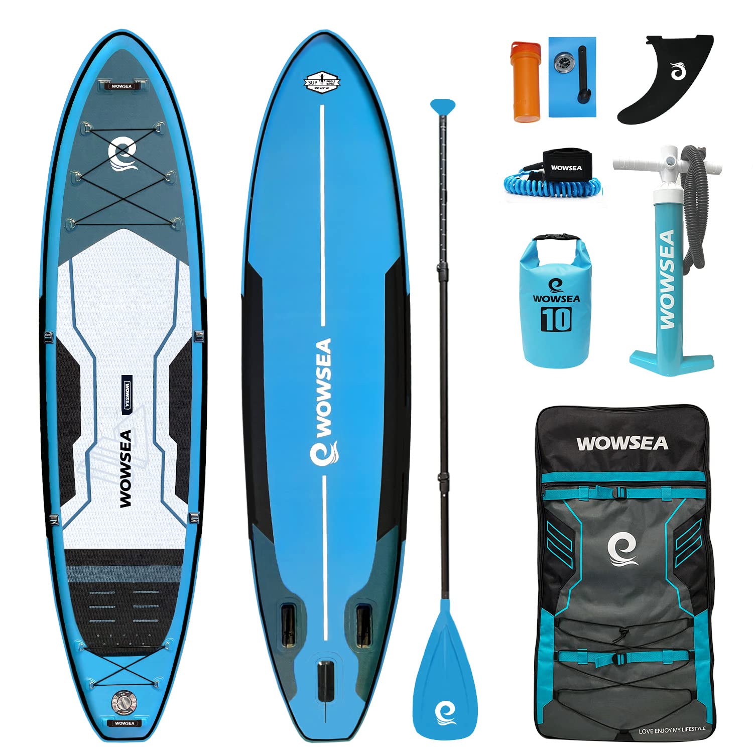 WOWSEA Poseidon P2 Inflatable Paddle Board, Durable and Stable Touring SUP Board, Yoga Paddle Board for Leisure, Nice Board with Accessories Kit for Aquatic Recreation and Exploring (Blue,10'8")