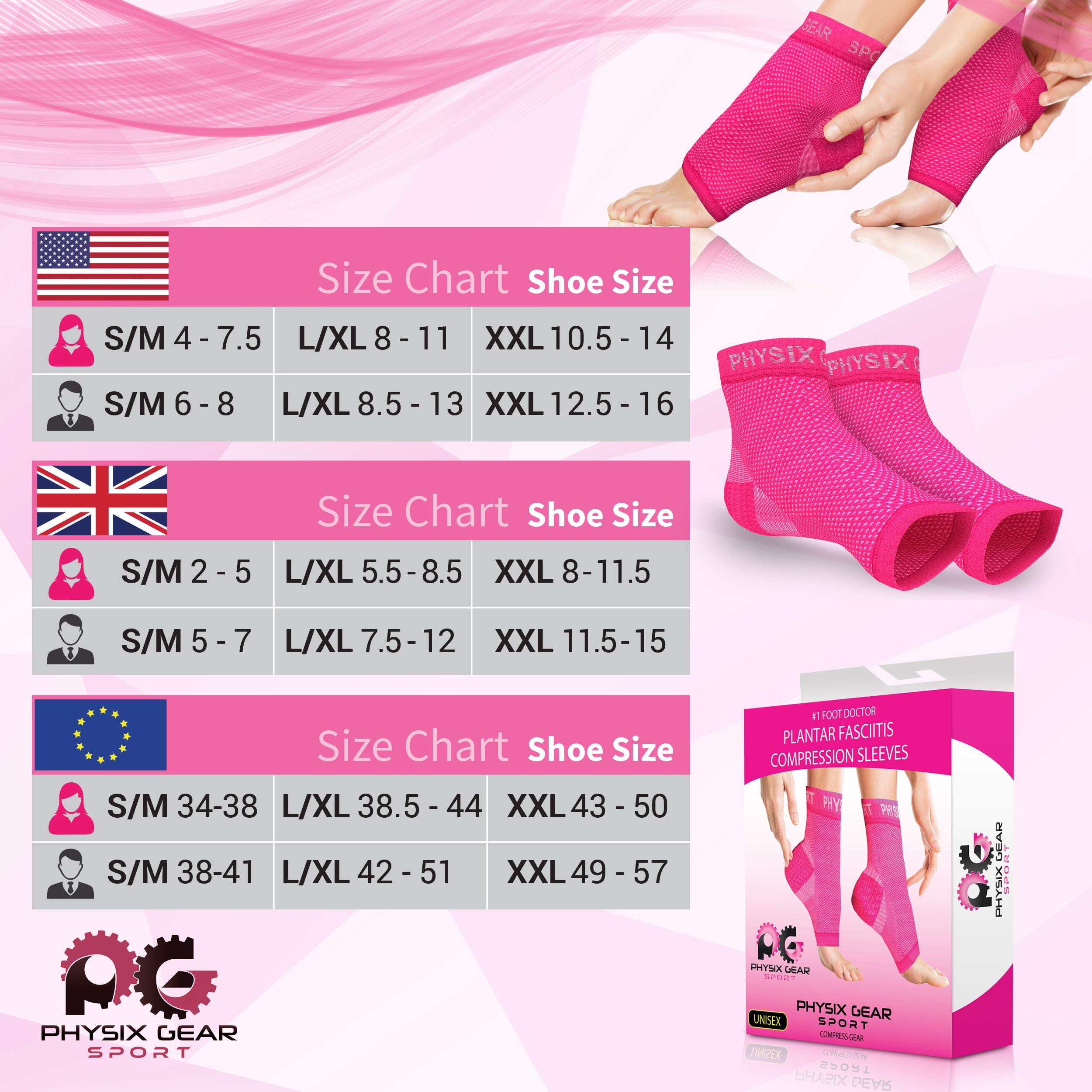 Physix Gear Sport Plantar Fasciitis Socks with Arch Support for Men & Women - Ankle Compression Sleeve, Toeless Compression Socks Foot Pain Relief, Ankle Swelling - Better than Night Splint, Pink XXL