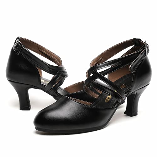 Women's Cross Strap Character Shoes Non-Slip Salsa Latin Ballroom Dance Pumps Black Wedding Heels (8 / Black)