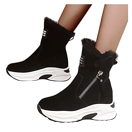 Winter Shoes with Fur Lined Warm Ankle Boots Warm Heel Women's Wedges Shoes Thermal Fuzzy Snow Boots Black