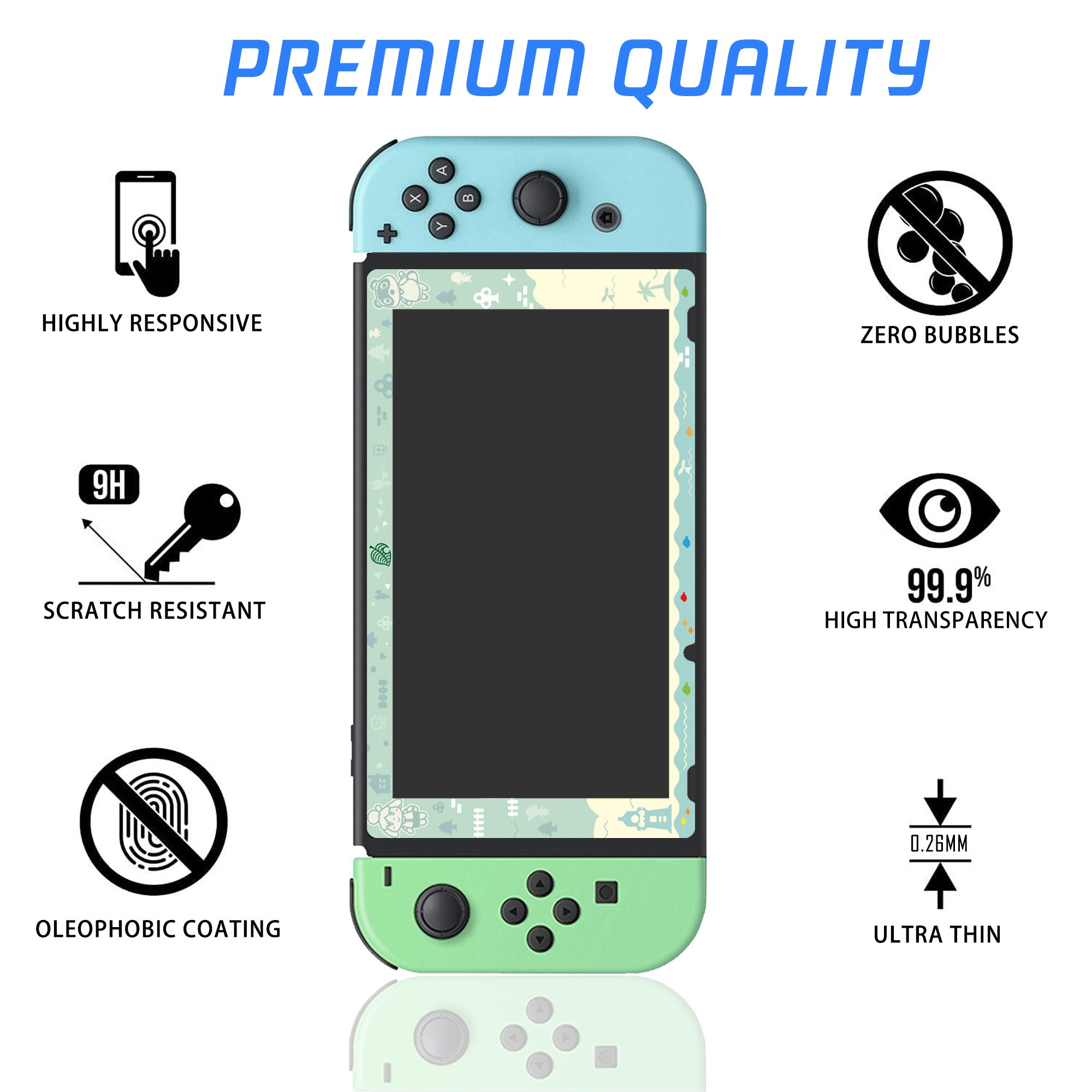 RHOTALL Screen Protector for Nintendo Switch, for Animal Crossing Design Border Tempered Glass Film, Transparent HD Clear Anti-Scratch 9H Hardness Bubble-Free