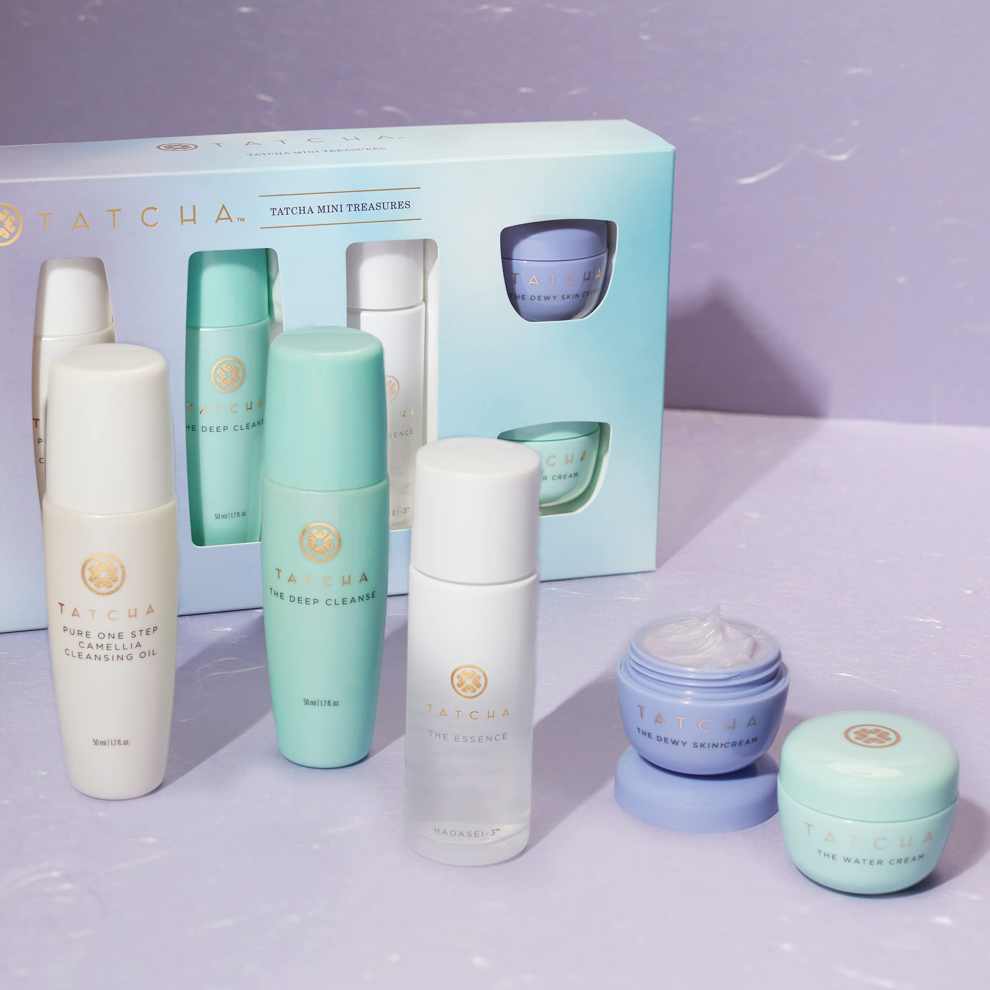 Tatcha Mini Treasures Set: Dewy Skin Cream, Water Cream, Deep Cleanse, Essence & One Step Camellia Cleansing Oil