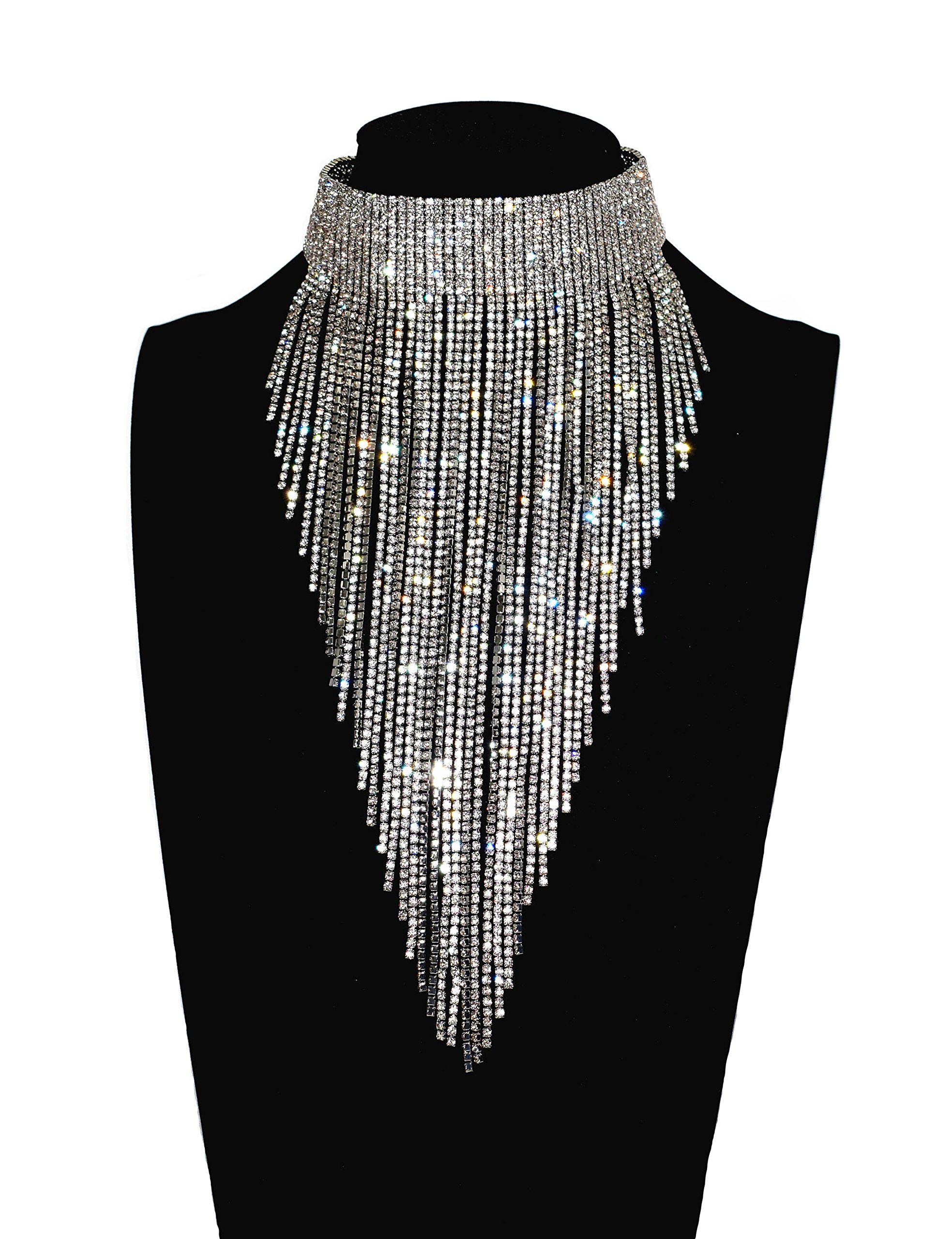 Qiaose Stunning Rhinestone Choker Necklace Women Statement Necklace Long Chain Necklace (Silver)