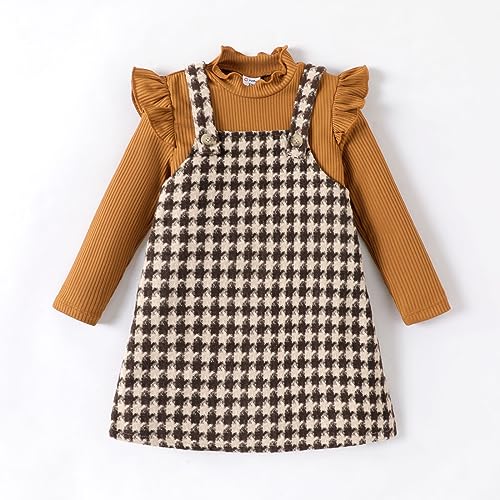 PATPAT Toddler Girl Ruffle Mock Neck Long Sleeve 2 Piece Houndstooth Spaghetti Strap Winter Fall Dress Brown 3 Years
