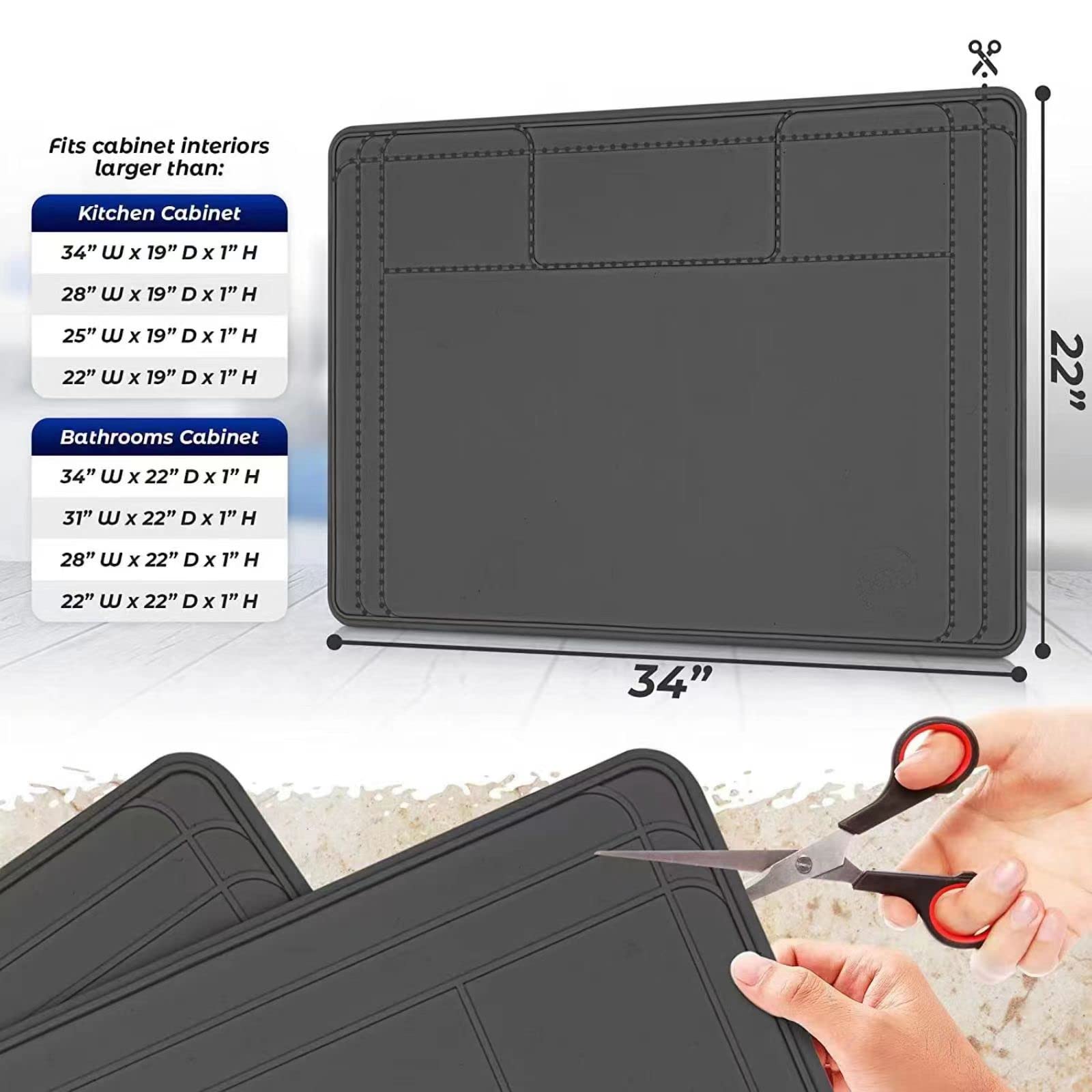 Under Sink Mat, Trimmable Silicone Waterproof Liner With Lip For Kitchen Multipurpose Cabinet Counter Protector Cover Tray Mats For Pipes Drip Easy To Clean 34" X 22" Or Cut To Fit Smaller Gray