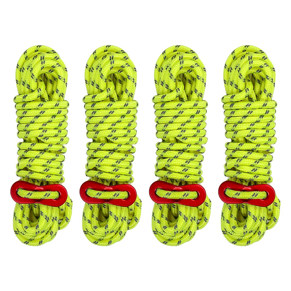 Reflective Nylon Cord, Tent Guyline Rope with Ultra-Light Aluminum Alloy Ceiling Rope Adjuster Fits Camping Hiking Backpacking,4 Pack 4MM 13 FT