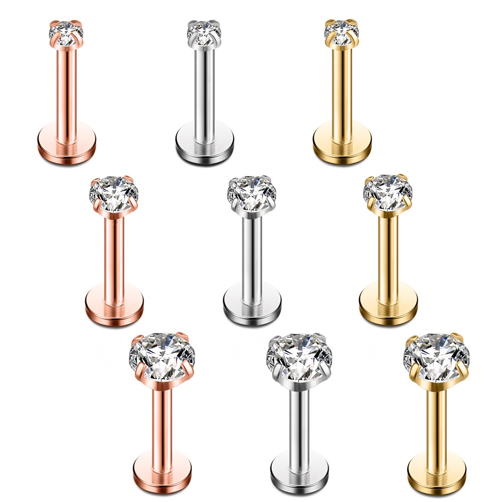Ruifan 9PCS 16G 2mm 3mm 4mm Clear Cubic Zirconia Labret Monroe Lip Ring Tragus Helix Earring Stud Barbell Piercing Jewelry Bar Length 6mm