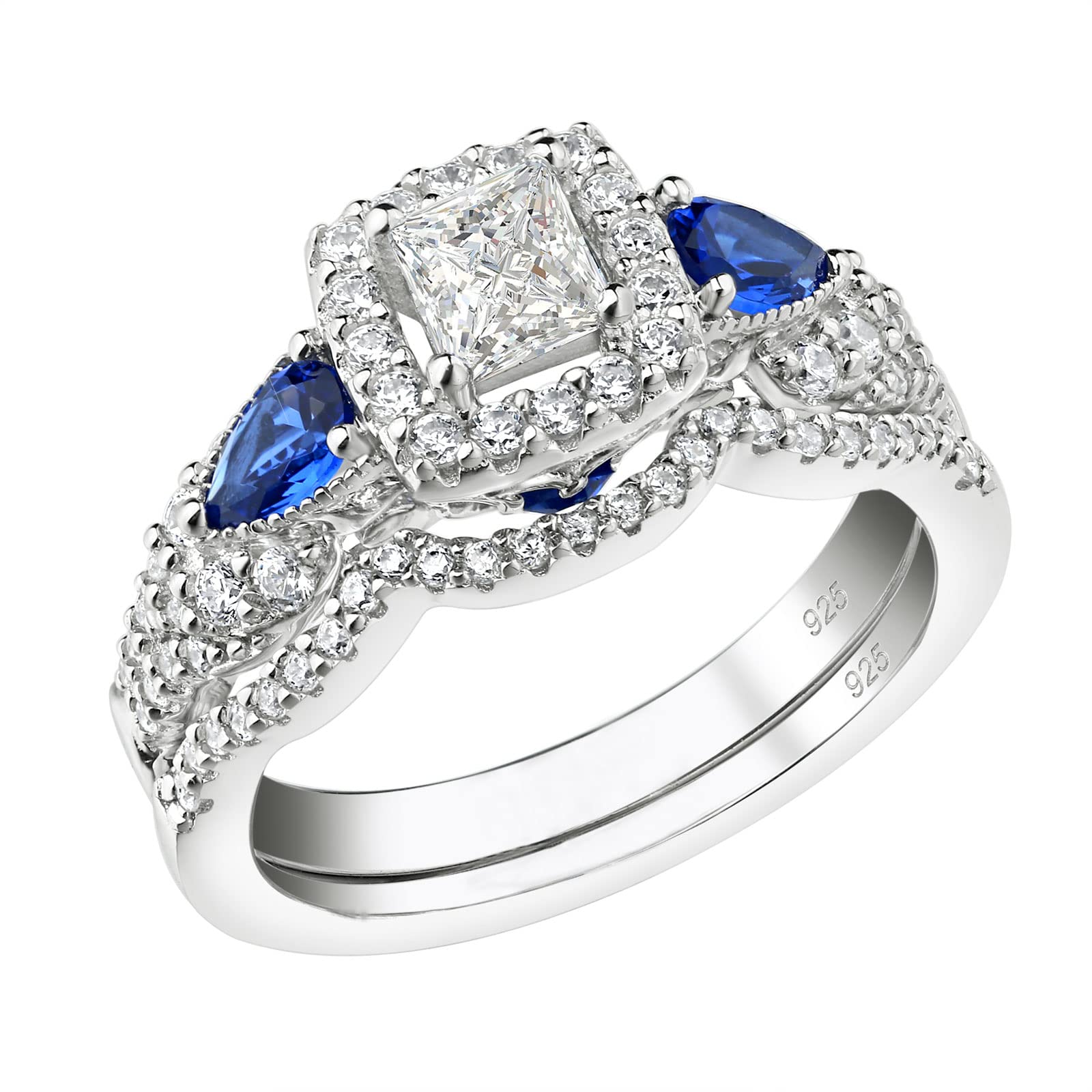 SHELOVES Princess Pear Blue Sapphire Sterling Silver Engagement Ring Wedding Ring Set for Women 6