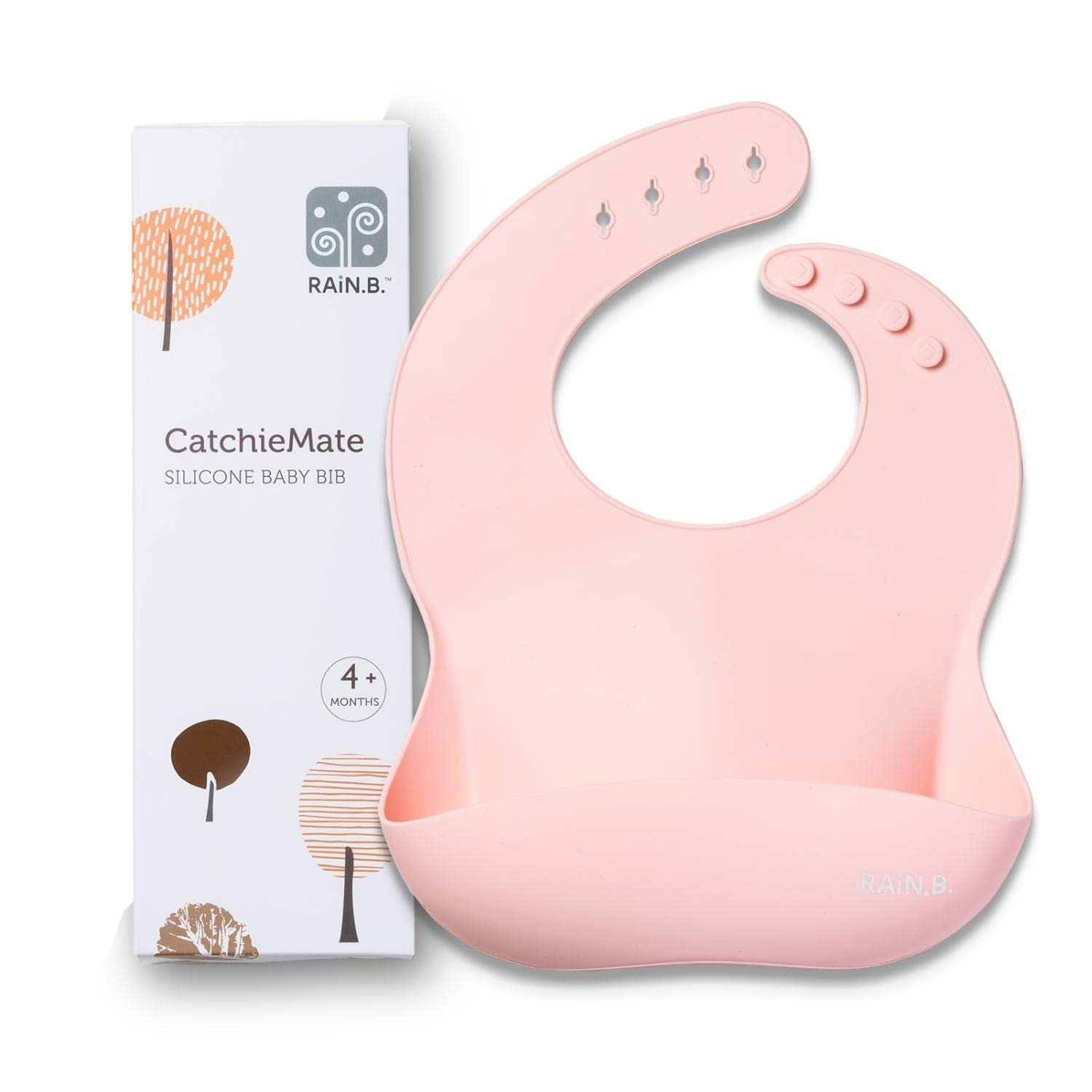 RAIN.B. Baby Silicone Bib 1 Pack- Soft Adjustable Waterproof Baby Food Bibs with Food Catcher|Cherry Blush