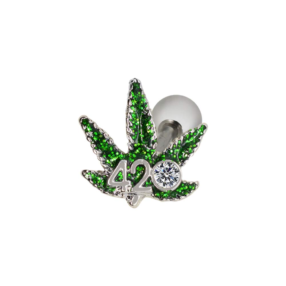 Pierce2GO 16G Stainless Steel 4/20 Marijuana Weed Leaf Green Silver Cartilage Ring (Pot Leaf)