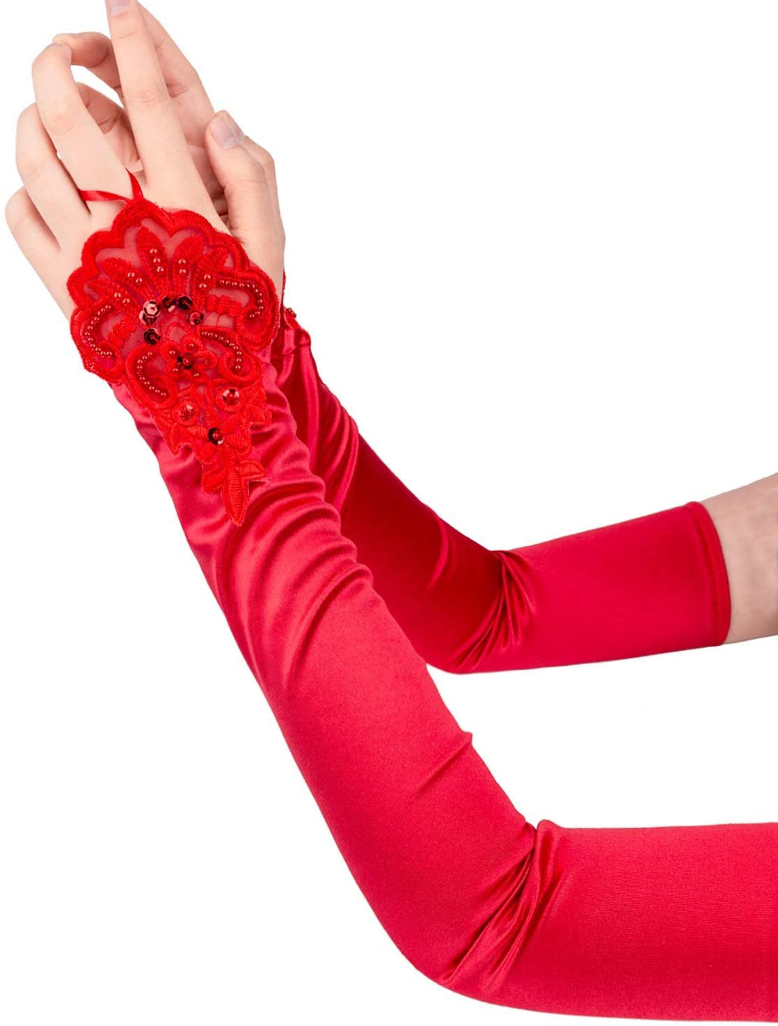 SAVITA Fingerless Long Red Gloves Pierced Elbow Length Satin Gloves 19" Stretchy Opera Evening Party 1920s Gloves for Women