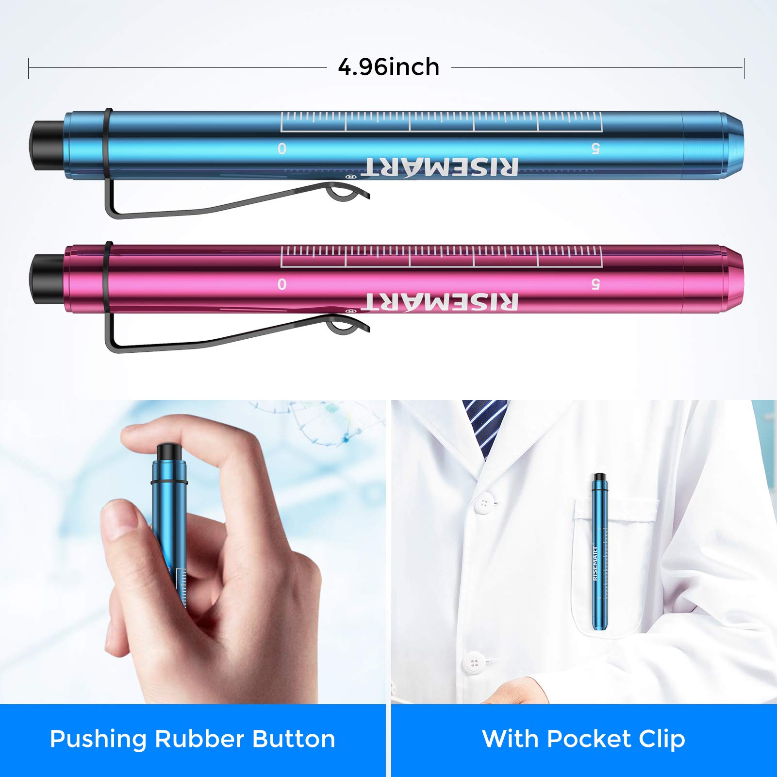 RISEMART Pen Light, Nurse Led Medical Penlight with Pupil Gauge for Nursing Students Doctors Red and Blue with Batteries