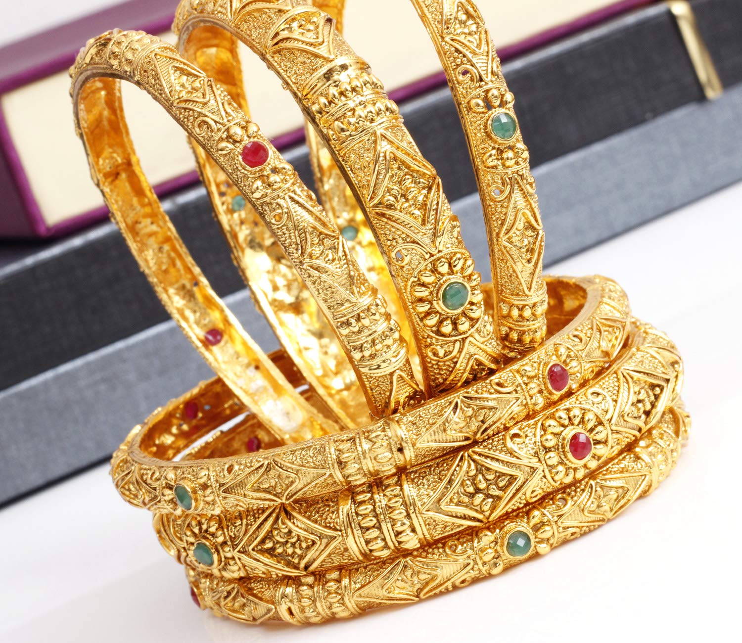 Ratna Indian Bollywood Ethnic Gold Tone Crystal Stone 6 pc Bangle Bracelet Set Traditional Bangle Set Wedding Costume Jewelry