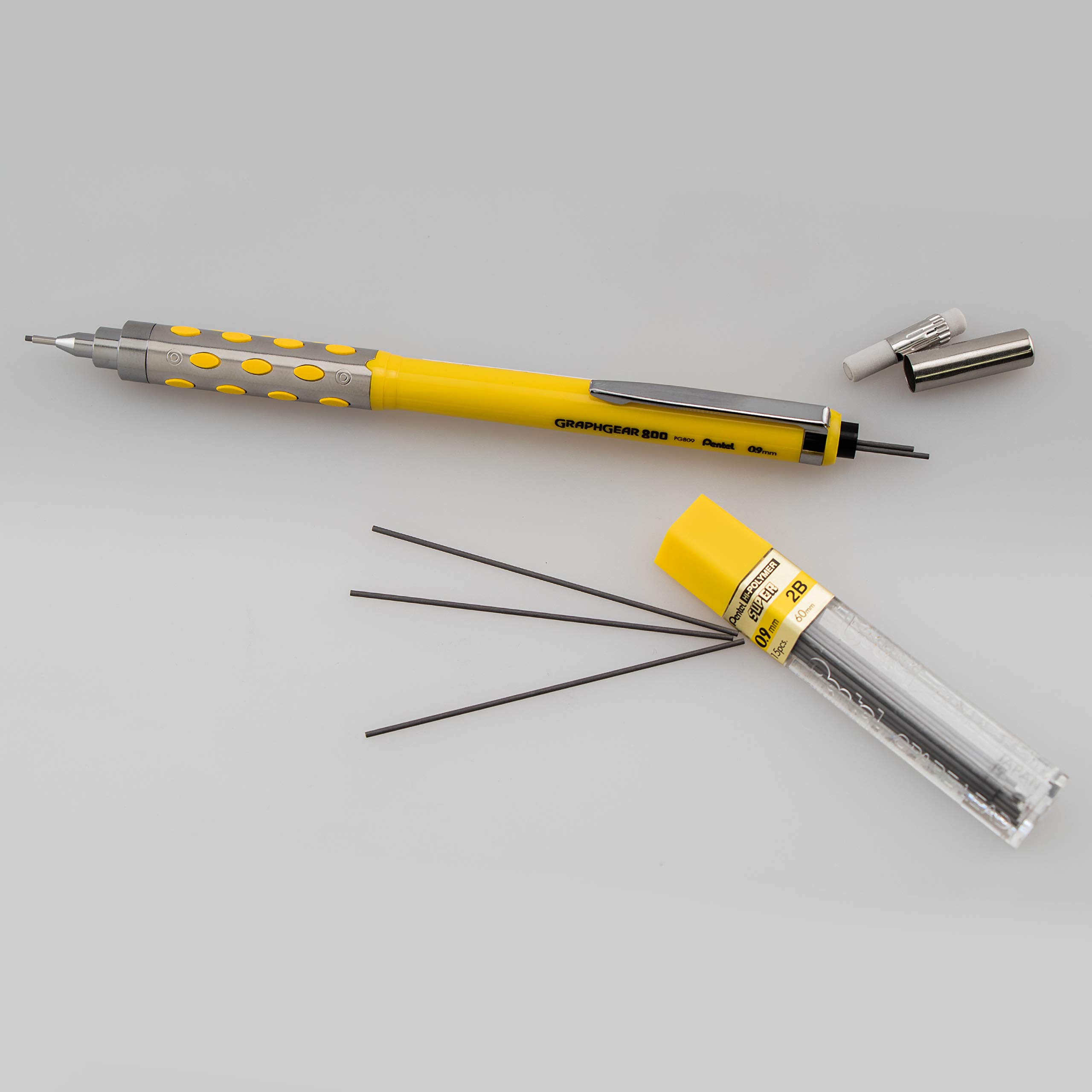 Pentel Graph Gear 800 Mechanical Drafting Pencil, 0.9mm, Yellow Barrel with Lead and Small Block Eraser (PG809LZBP)