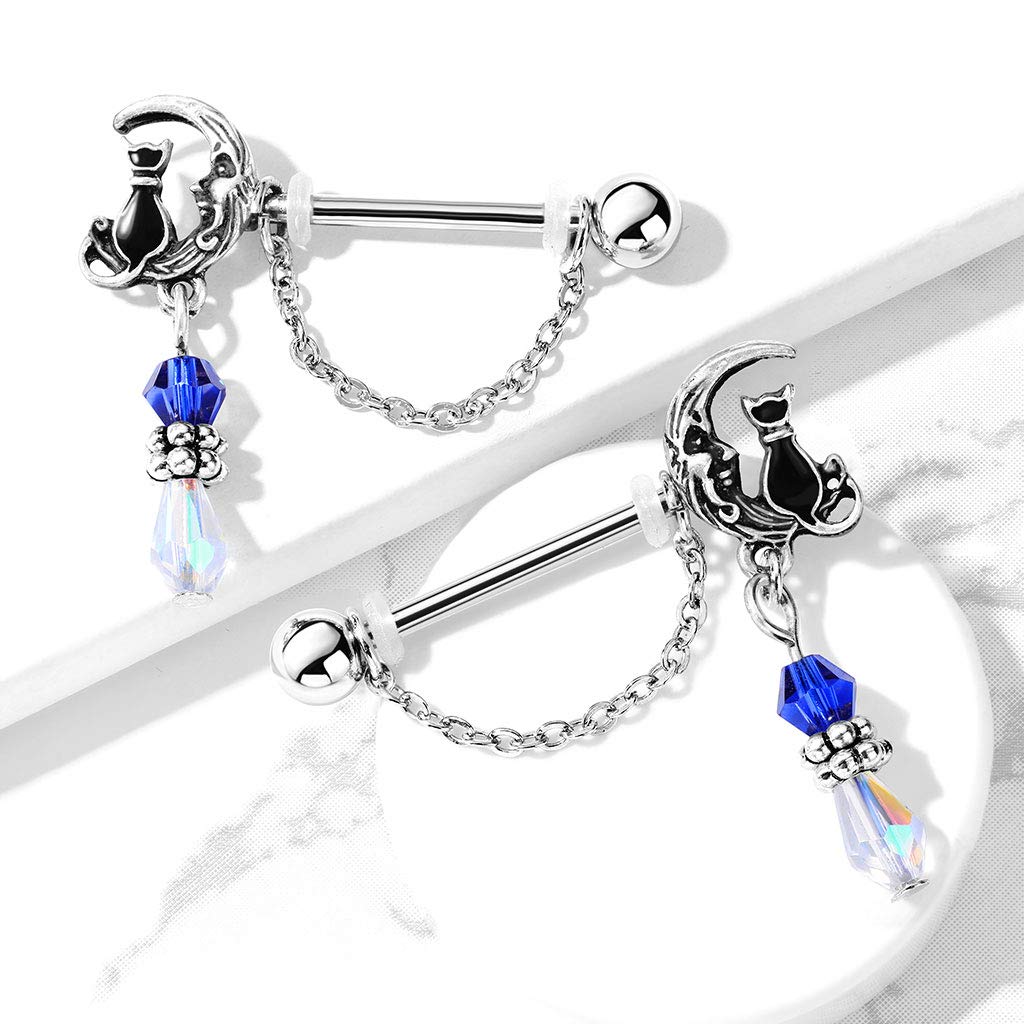 Pierced Owl 14GA Cat and Crescent Moon with Bead Chain Dangle Nipple Barbells, Sold as a Pair