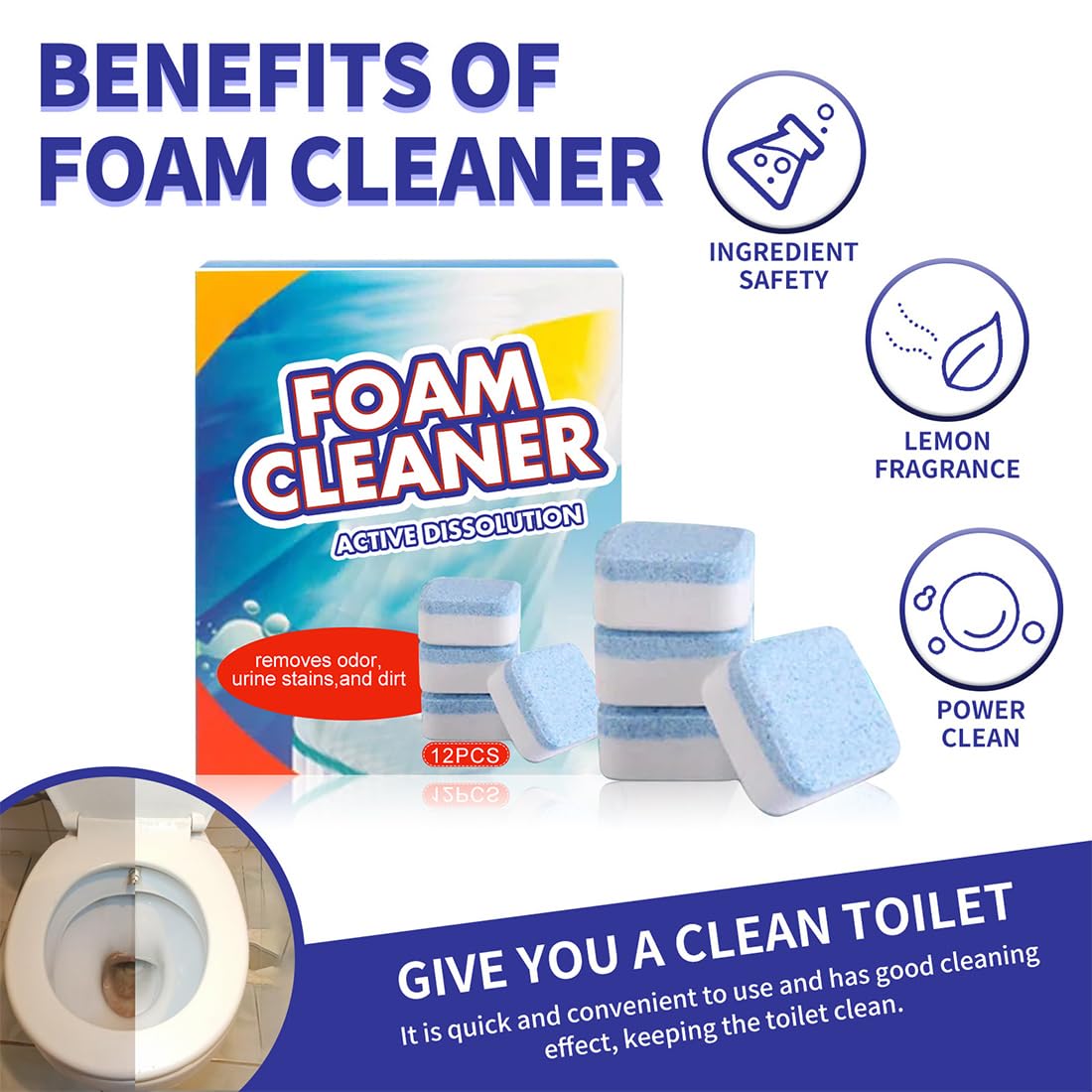 OEIEFE Automatic Powerful Foam Cleaner, Homebbc Foam Cleaner for Toilet, Foam Cleaner Active Dissolution Toilet, Toilet Cleaning Tablets for Automatic Stain Removal (2Box)