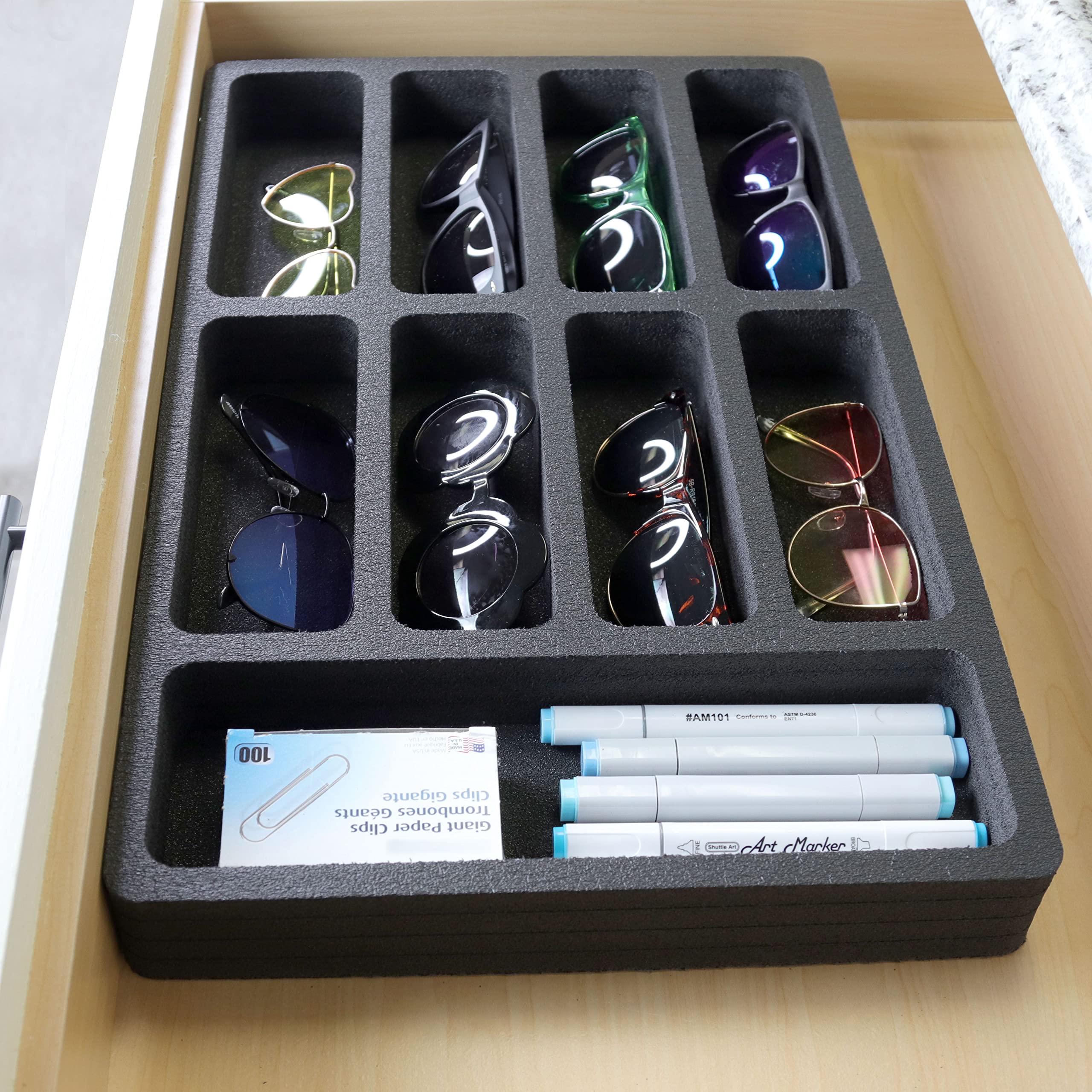 Polar Whale Sunglasses Drawer Organizer Tray Insert for Home Bedroom Bathroom Vanity Dresser Counter Table Waterproof Washable Black Foam 9 Compartment 20 x 12.75 Inches