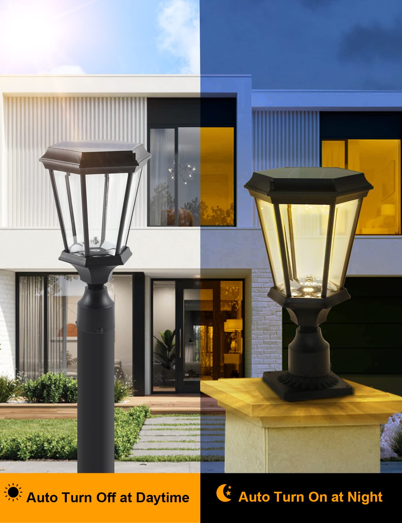 VOCLDFA Solar Post Light, Dusk to Dawn Sensor Pillar Light Fixture 15.8"H, Waterproof LED Exterior Lamp Post Lantern, Aluminum Outdoor Post Light, Pole Lanterns Outdoor with 3-Inch Pier Mount Adapter