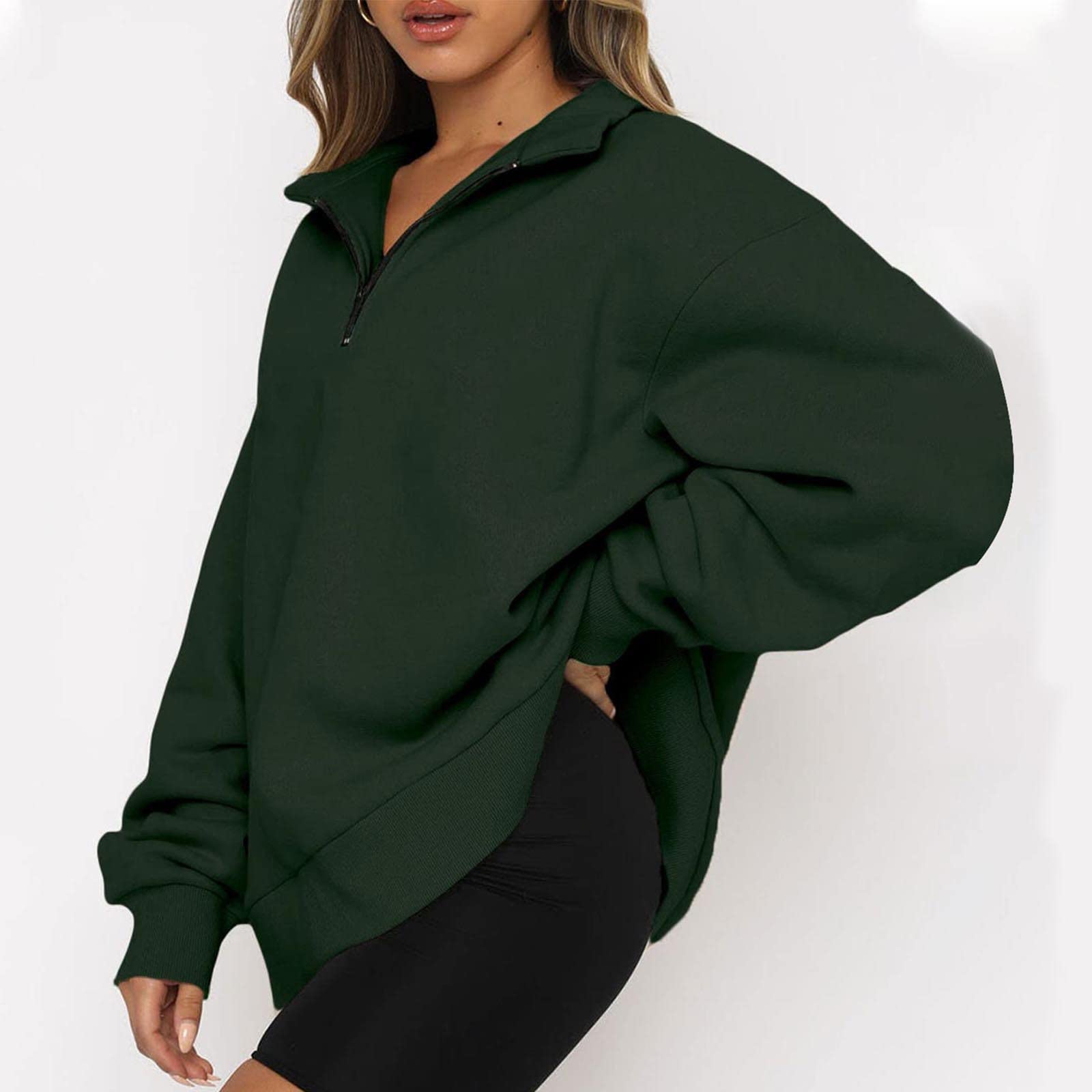 Wirziis Womens Oversized Sweatshirt Long Sleeve Solid Pullover Quarter Zip Sweater Top Teen Girls Christmas Fall Y2K Clothes, A03_green, 3X-Large